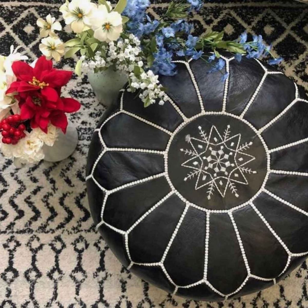 Black Moroccan Pouf, Leather Ottoman - HandmadePouf