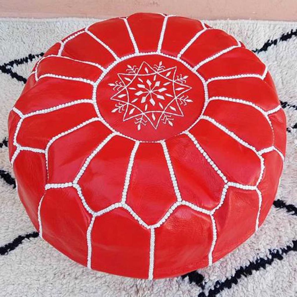 RED Moroccan Pouf, Leather Ottoman - HandmadePouf